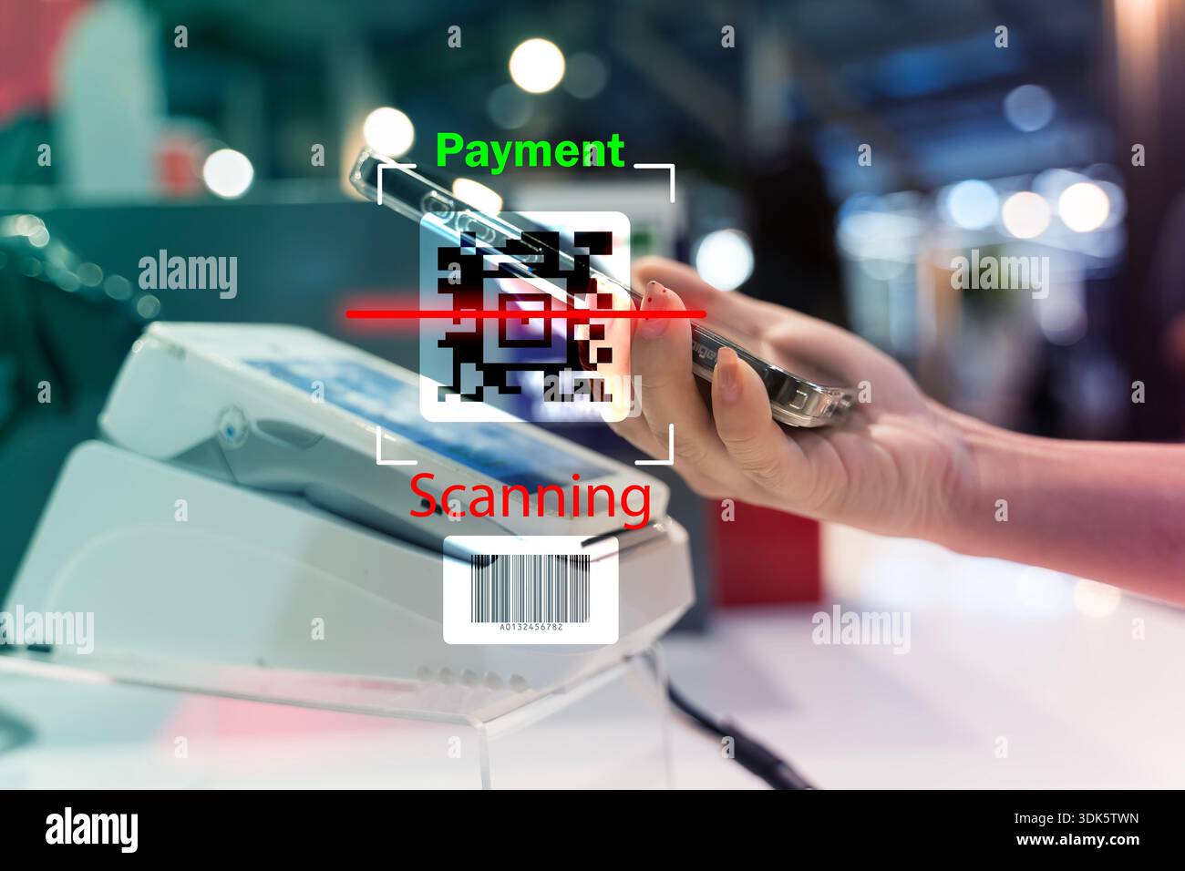 Customer using smartphone to scan QR code for cashless payment at POS ...
