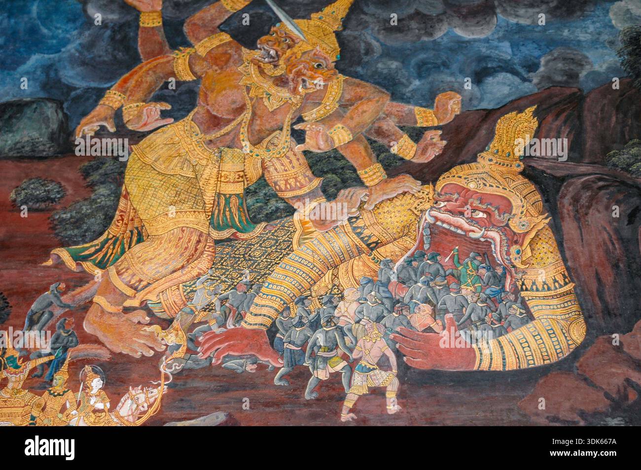 Mural of scene from the Ramakien at Wat Phra Kaew (Emerald Buddha ...