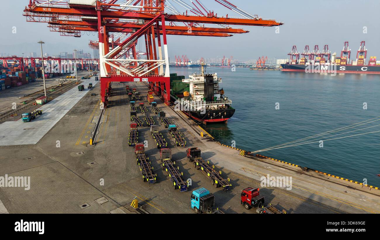 Aerial photo shows the Qingdao Port is under busy operations in Qingdao ...