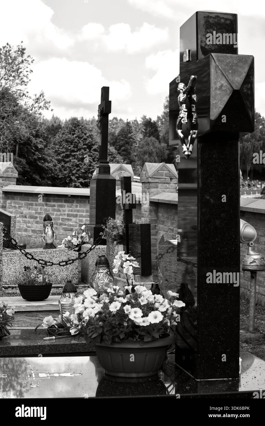 graves in a Polish cemetery, black and white photo Stock Photo - Alamy
