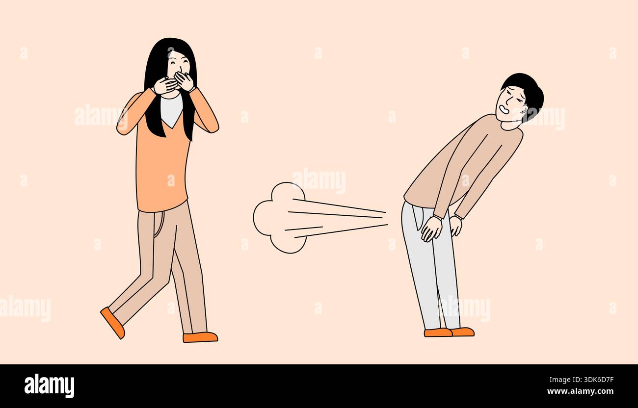 Cartoon man blowing a fart. The man is laughing and the woman is ...