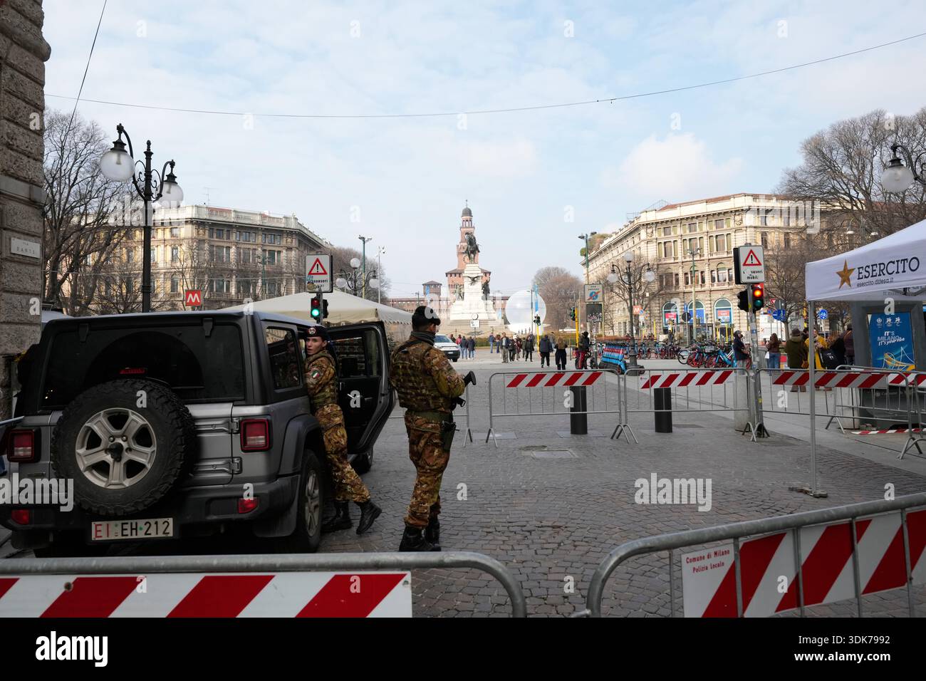 Italian soldiers patrol near to Castello Sforzesco ahead of the 2026 ...