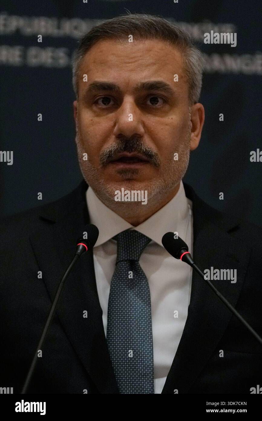 Turkish Foreign Minister Hakan Fidan speaks to journalists during a ...