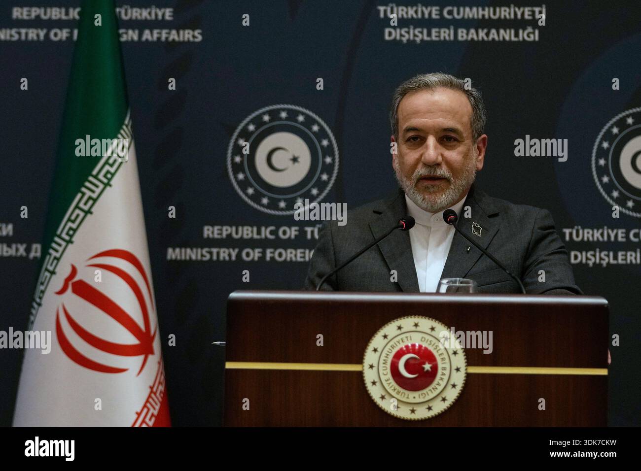 Iranian Foreign Minister Abbas Araghchi speaks to journalists during a ...
