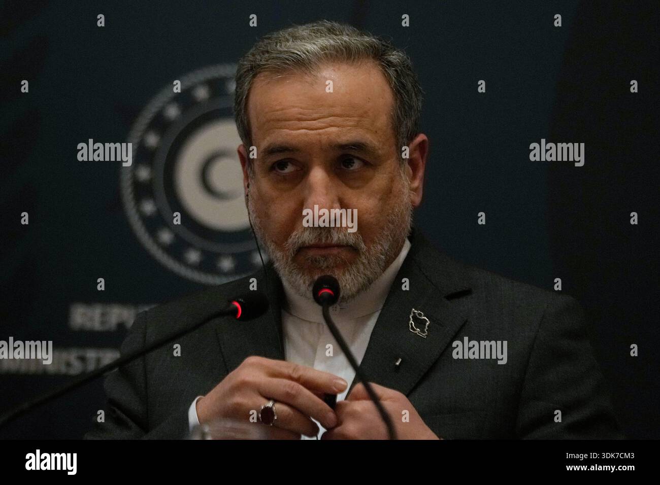Iranian Foreign Minister Abbas Araghchi speaks to journalists during a ...