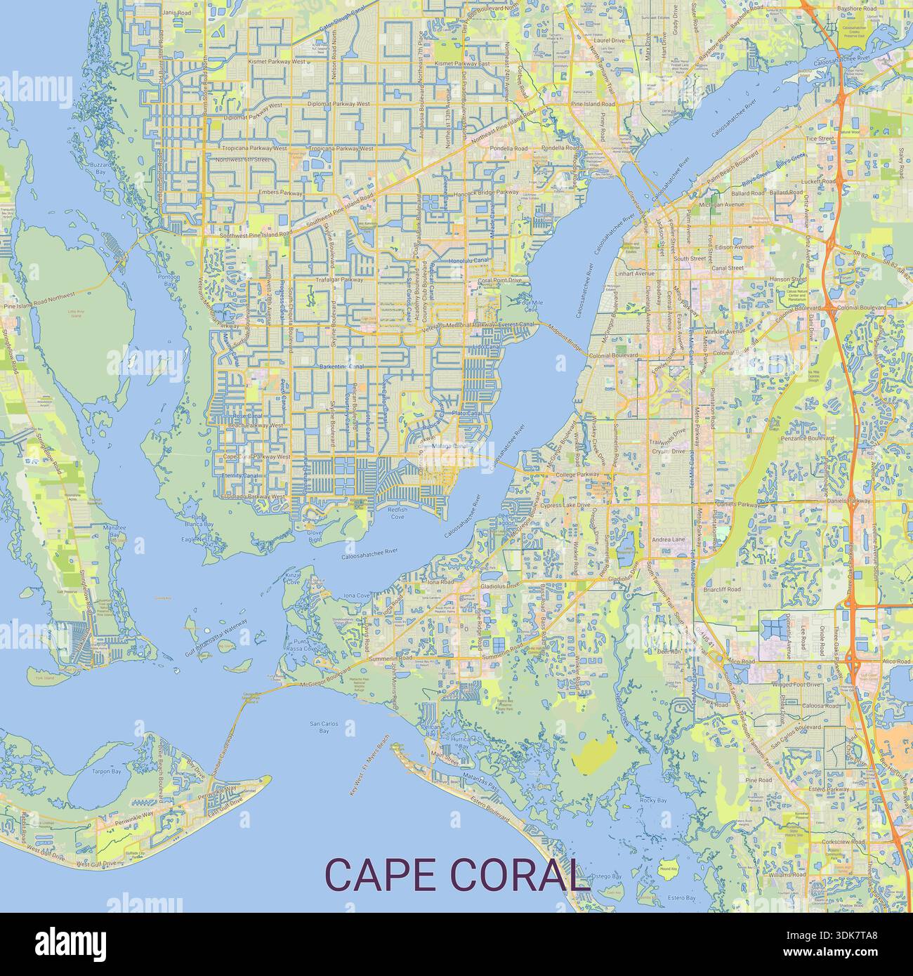Map of Cape Coral, Florida, showcasing its intricate network of canals ...