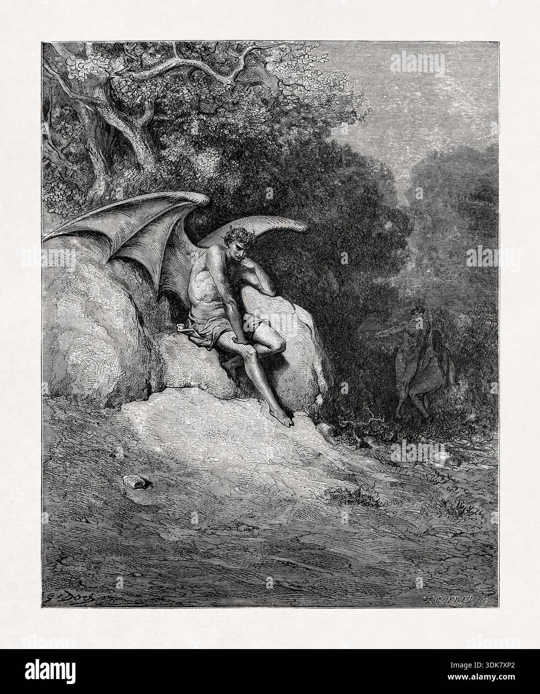 Black and white wood engraving by Gustave Doré depicting Satan ...