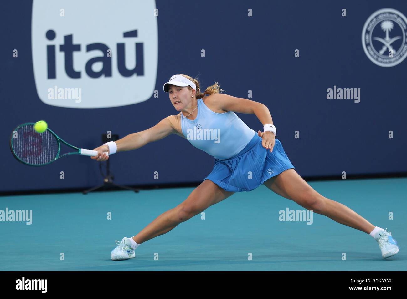 Mirra Andreeva returns the ball at the Miami Open on March 21, 2025 in ...