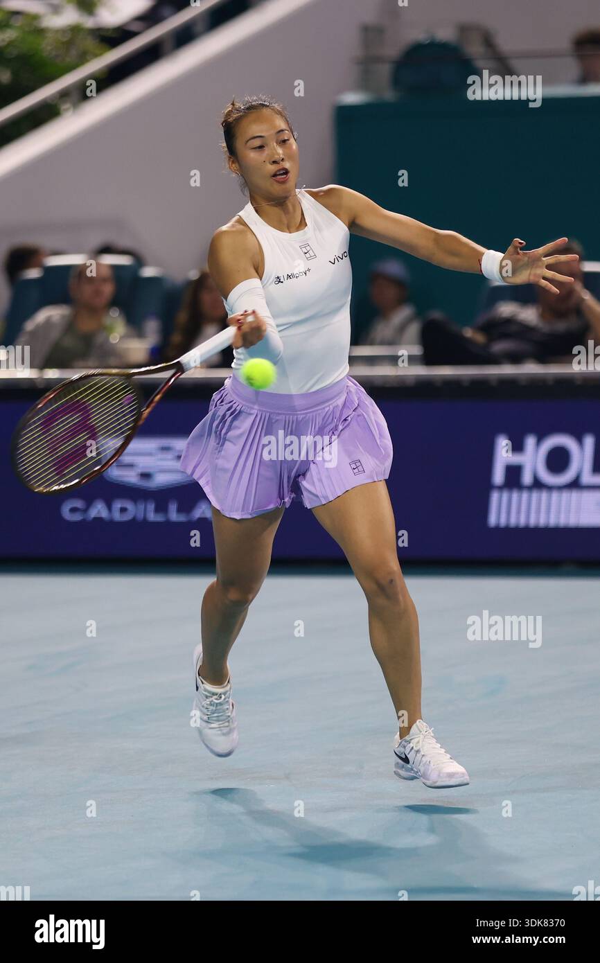 Qinwen Zheng hits the ball at the Miami Open at Hard Rock Stadiumon ...
