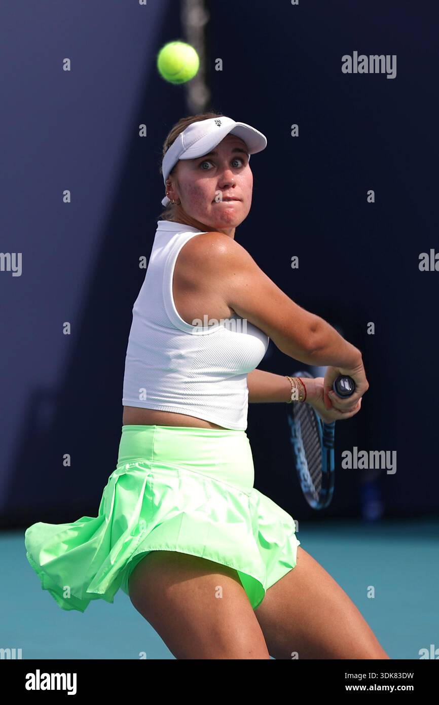 Sofia Kenin hits a backhand at the Miami Open on March 23, 2025 in ...