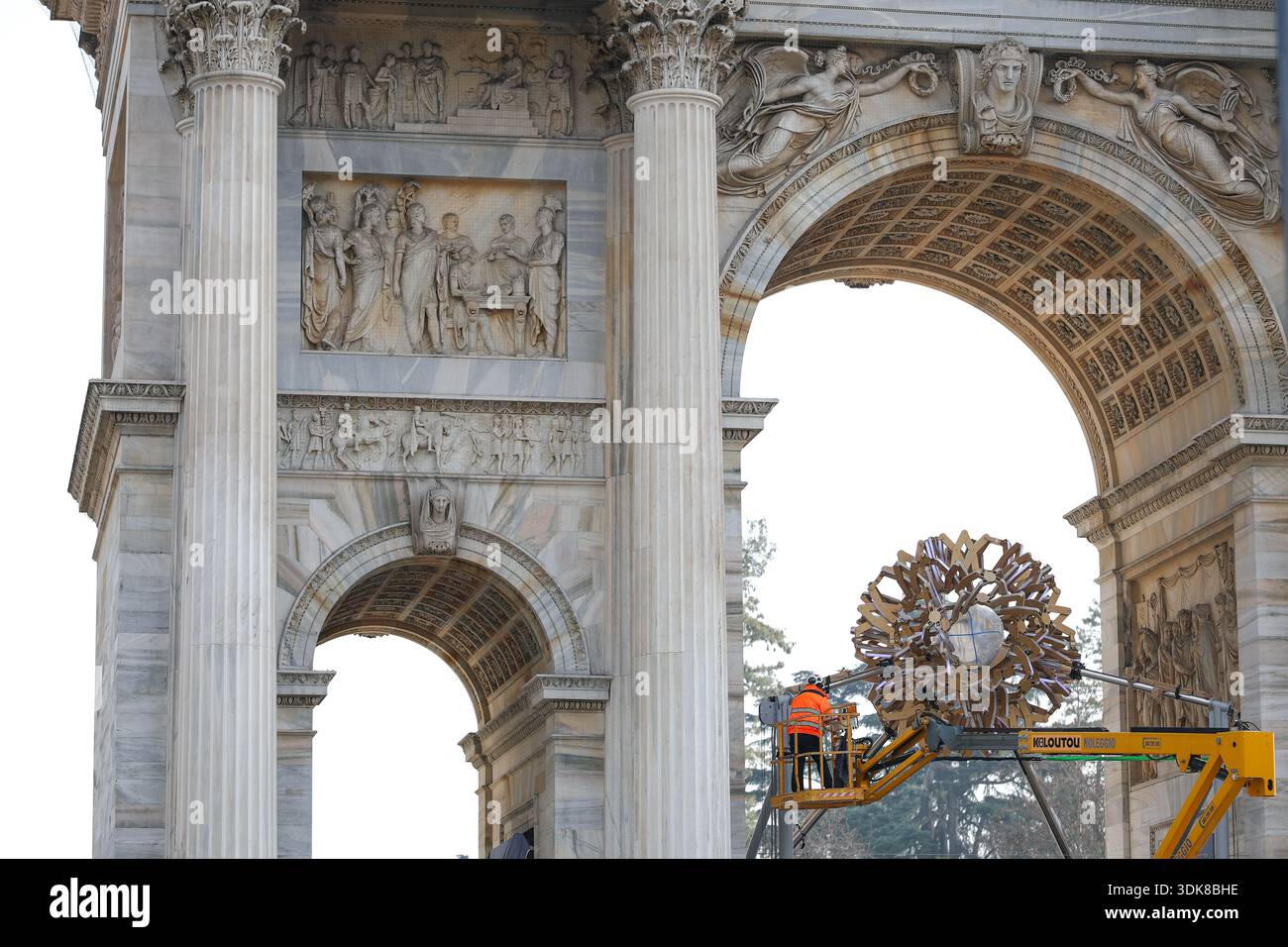 MILAN, ITALY - JANUARY 30: Construction workers are seen working with a ...