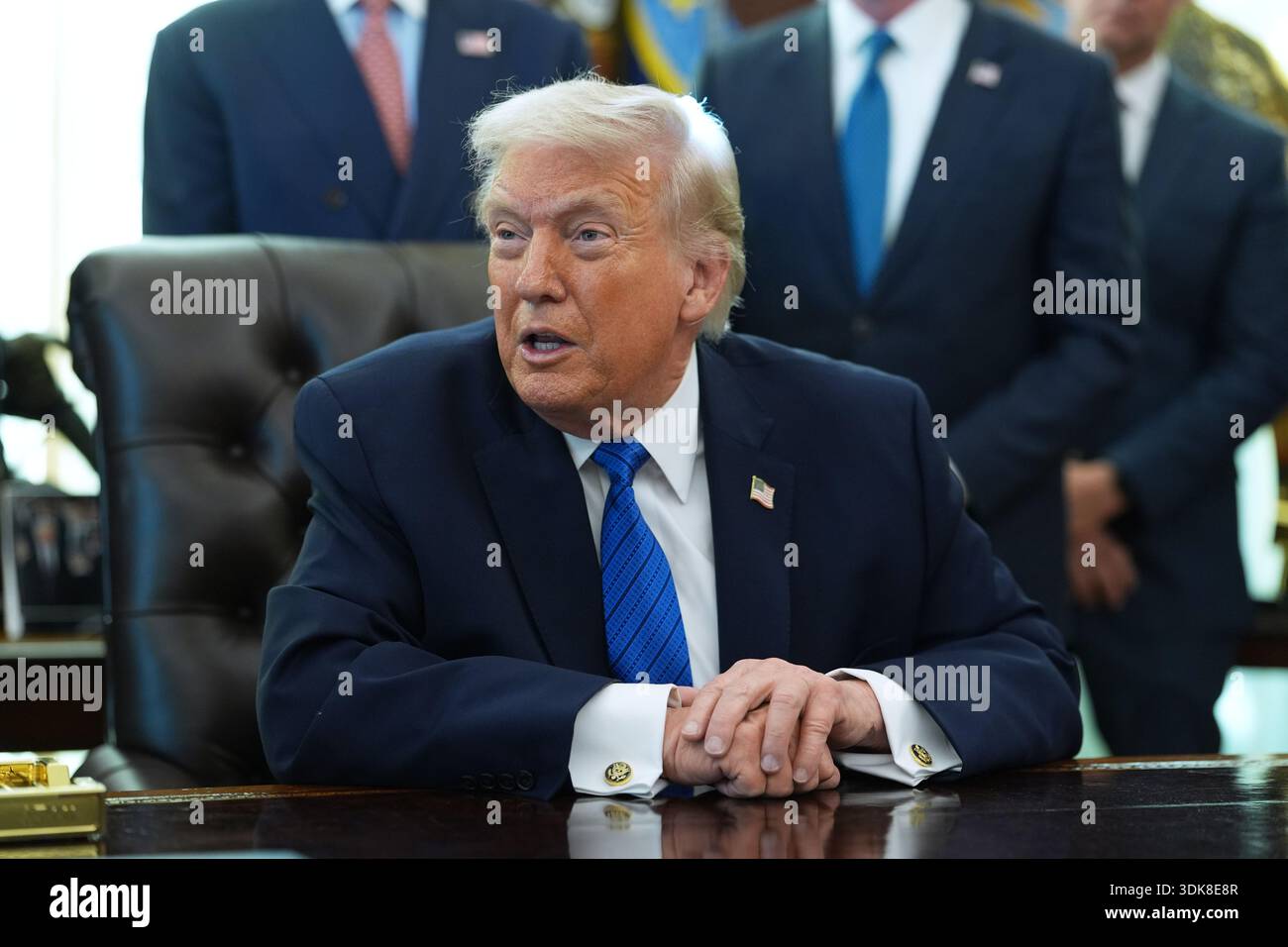 President Donald Trump speaks during an event in the Oval Office of the ...