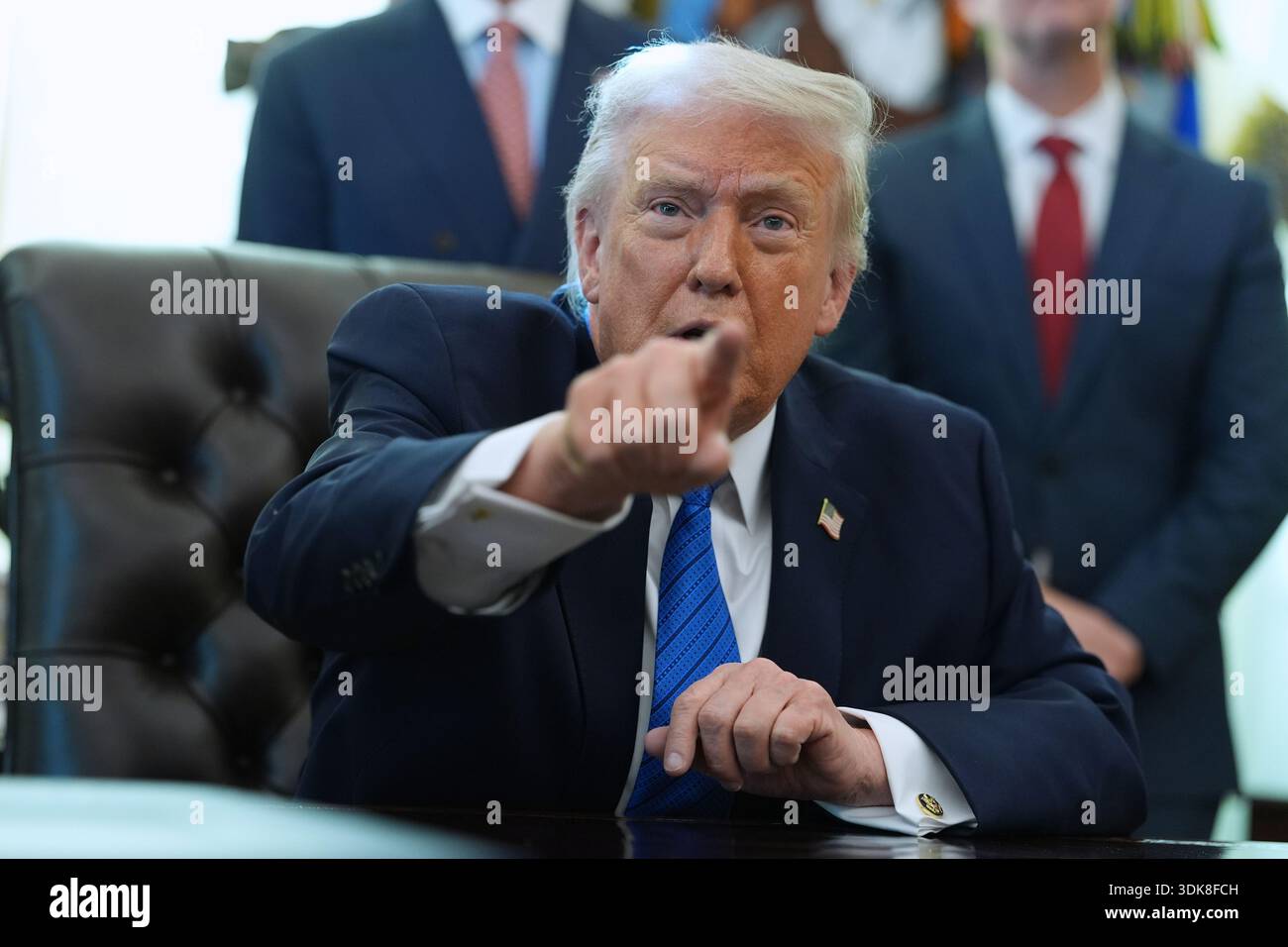 President Donald Trump speaks during an event in the Oval Office of the ...