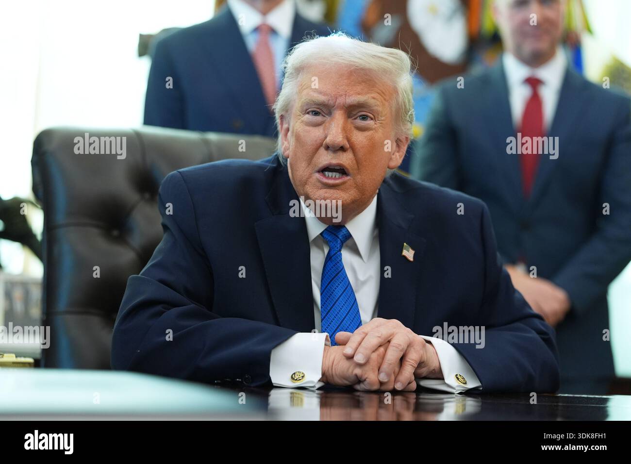 President Donald Trump speaks during an event in the Oval Office of the ...