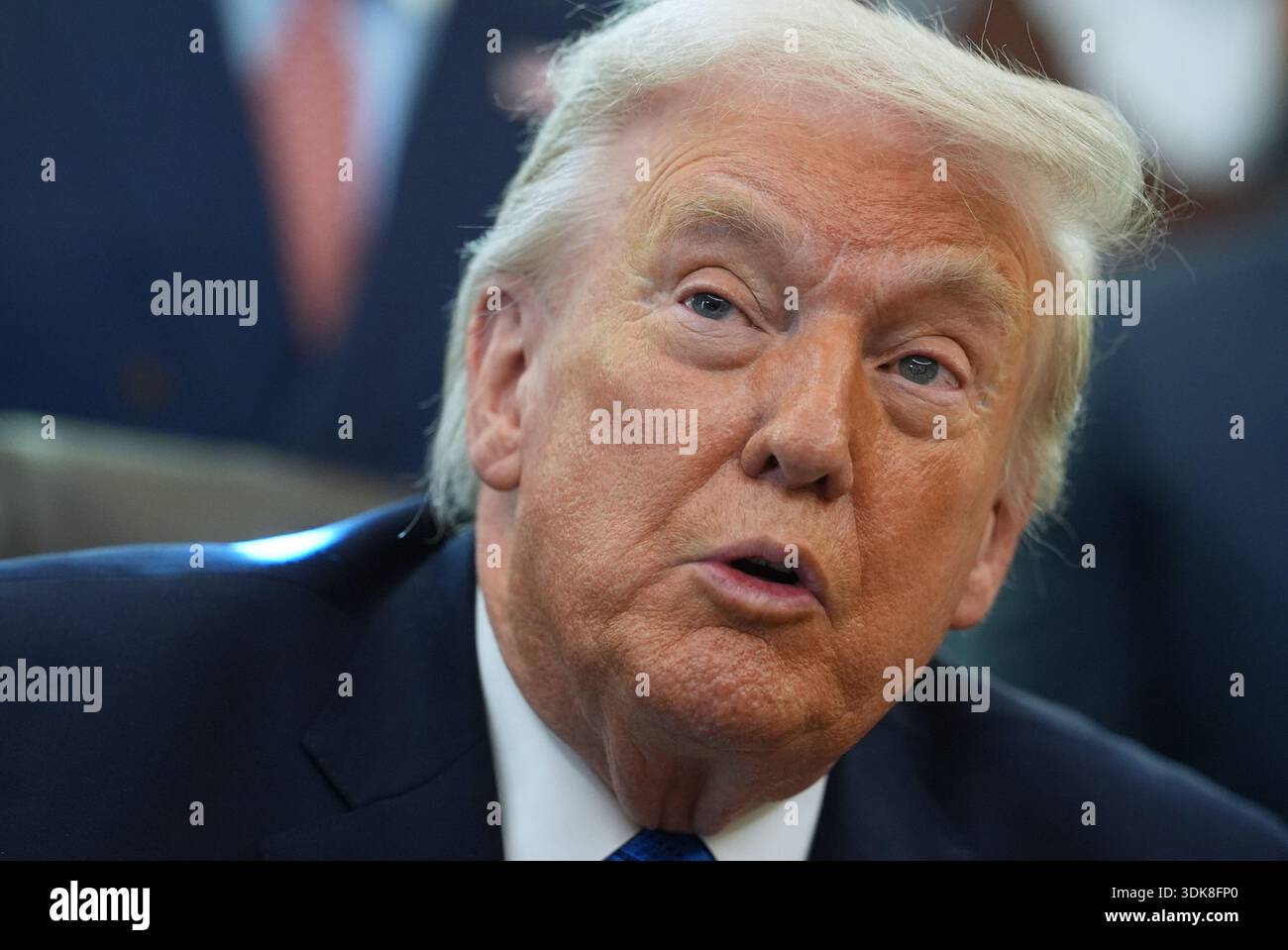 President Donald Trump speaks during an event in the Oval Office of the ...