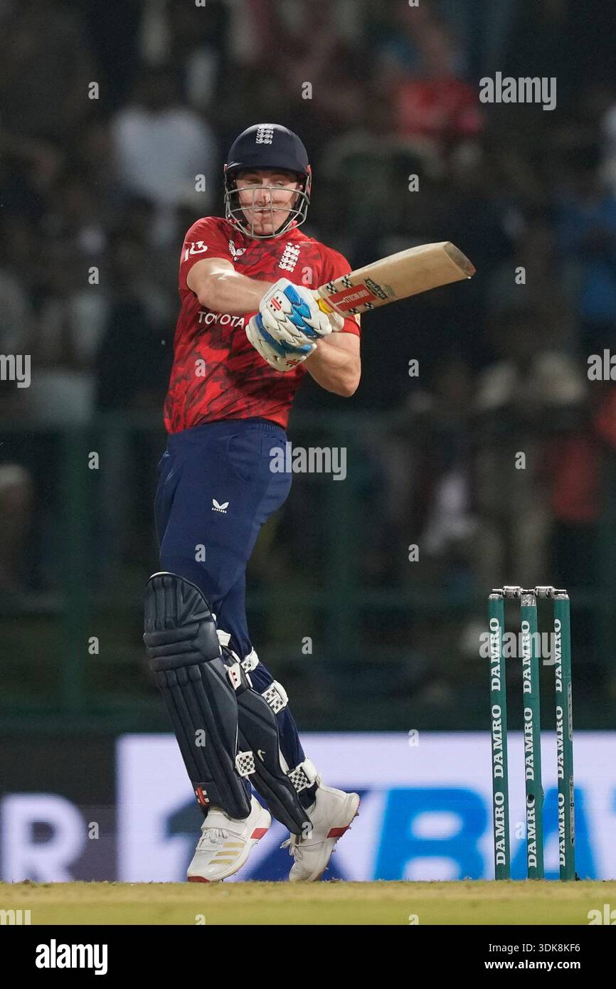 England's captain Harry Brook plays a shot during the first T20 cricket ...