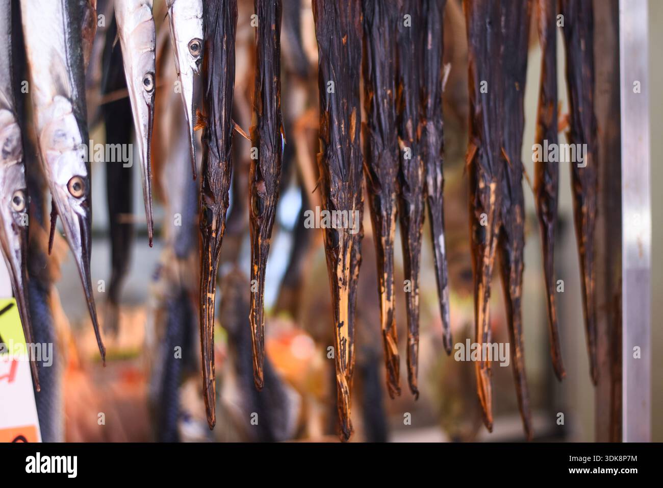 Dried fish hanging on string, with textures and details visible on ...