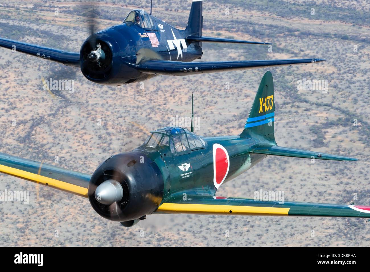 A restored Mitsubishi A6M3 Reisen and Grumman F6F-5 Hellcat are ...