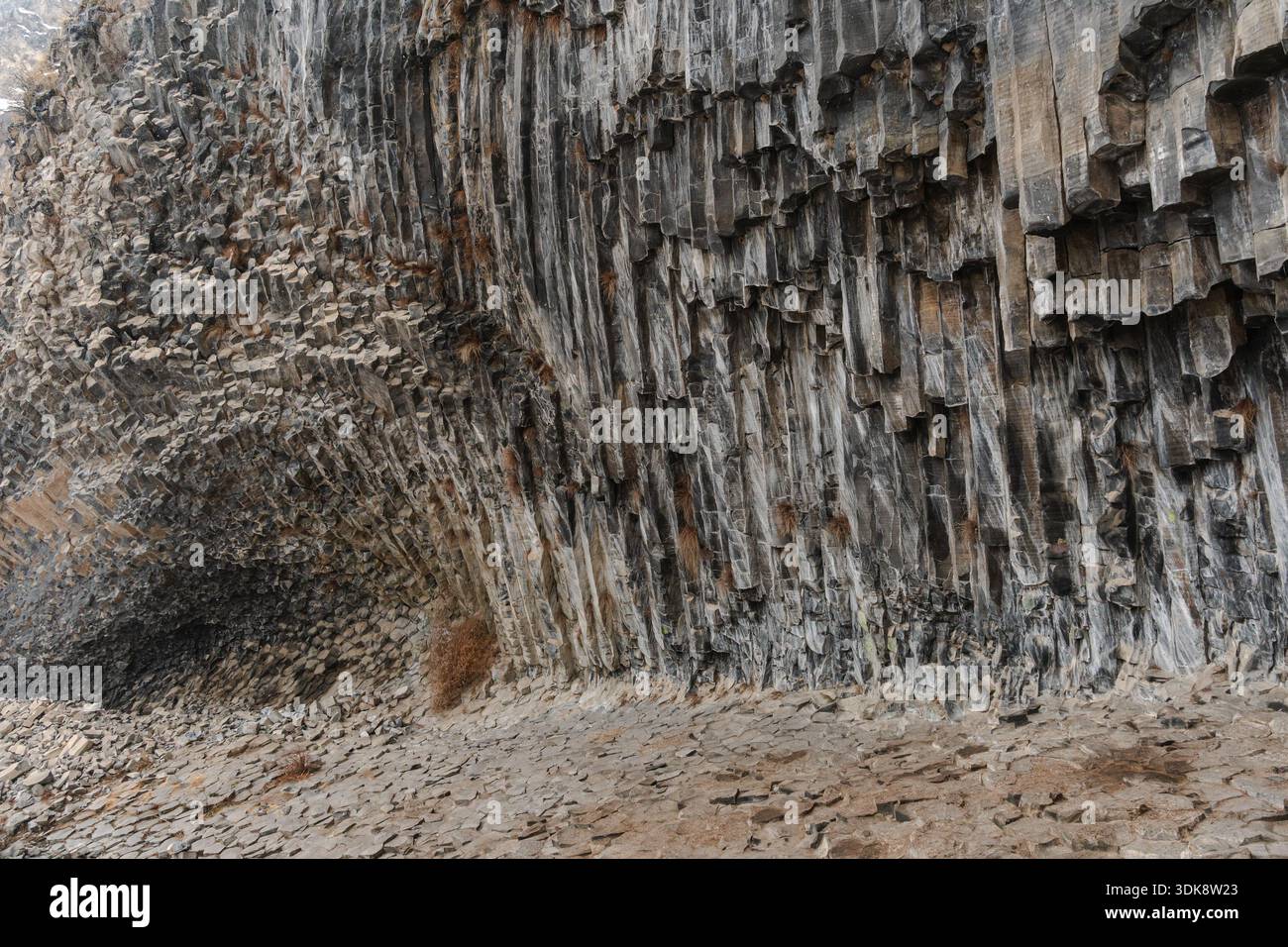 Vertical basalt columns form dense geometric textures along cliff face ...