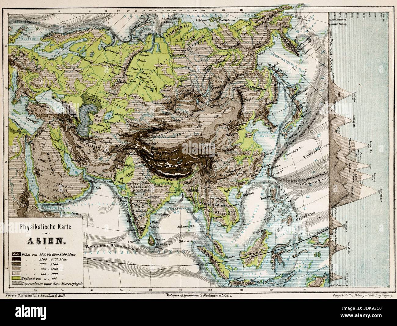 Colored physical map of the continent of Asia, altitudes, mountains ...