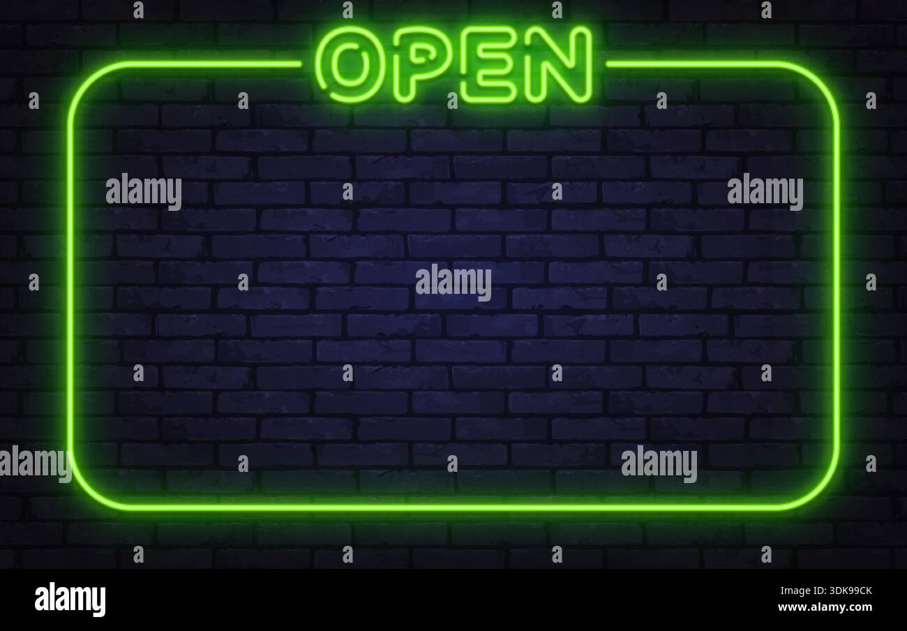 Green neon open sign with glowing border on dark wall. Clear visual ...