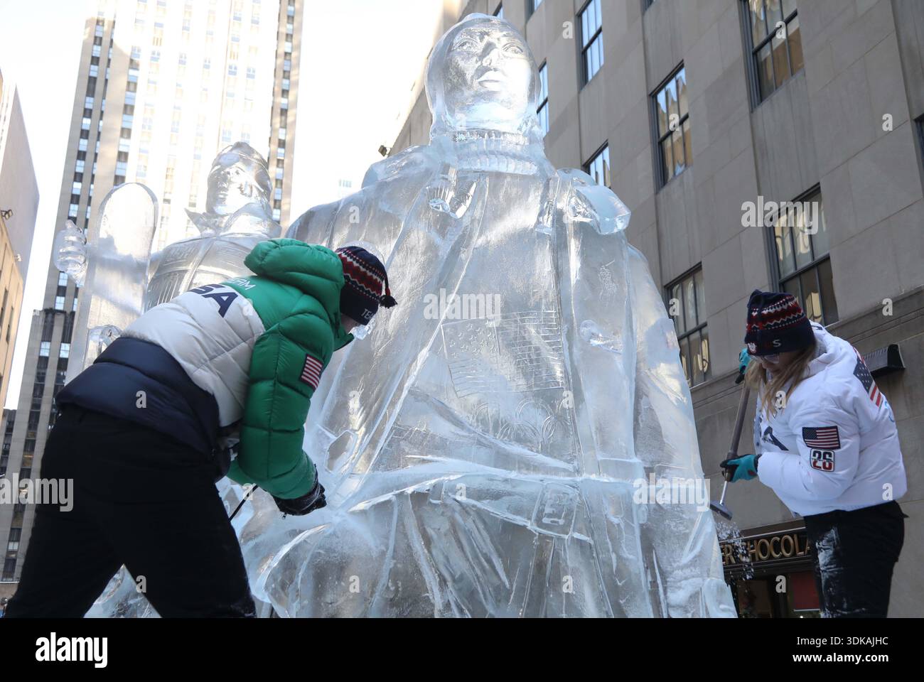 New York, New York, USA. 30th Jan, 2026. Ice sculptors add finishing ...