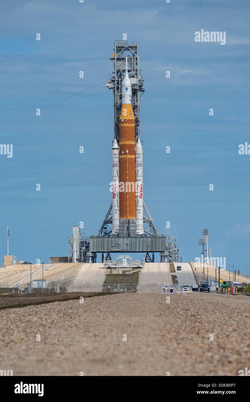 January 30, 2026: NASA's SLS rocket is seen at LC-39B during a media ...
