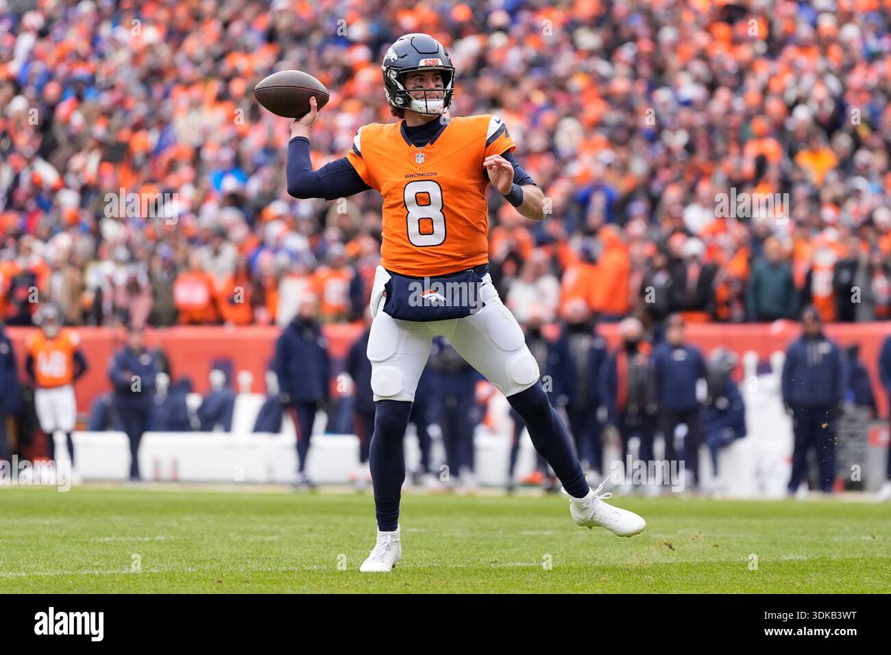 Denver Broncos quarterback Jarrett Stidham throws during the first half ...