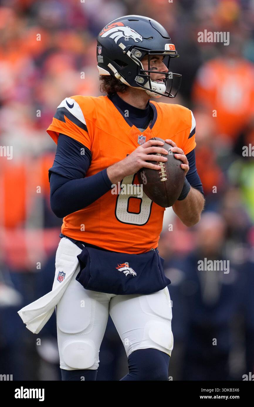 Denver Broncos quarterback Jarrett Stidham looks for a receiver during ...