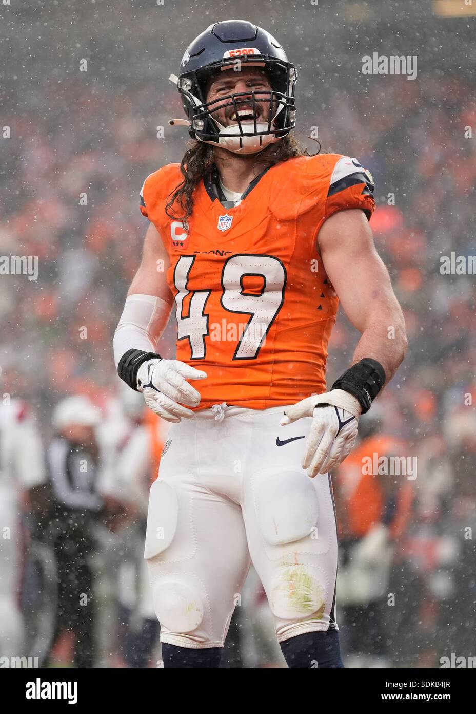 Denver Broncos linebacker Alex Singleton reacts during an NFL football ...