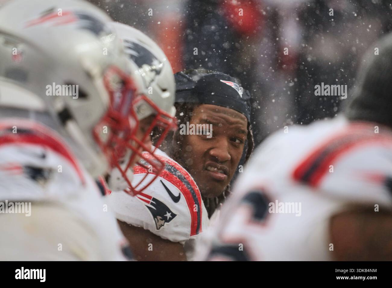 New England Patriots guard Jared Wilson (58) sits on the bench during ...