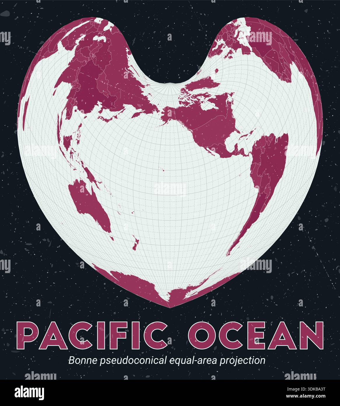Pacific Ocean. World map. Bonne pseudoconical equal-area projection ...