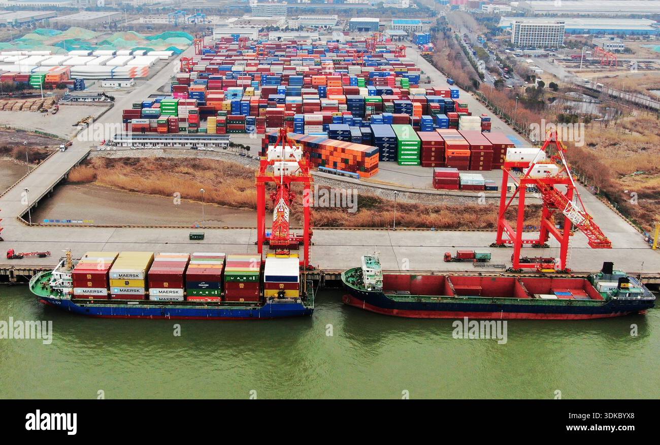Aerial photo shows a busy container yard at Yangzhou Port in Yangzhou ...