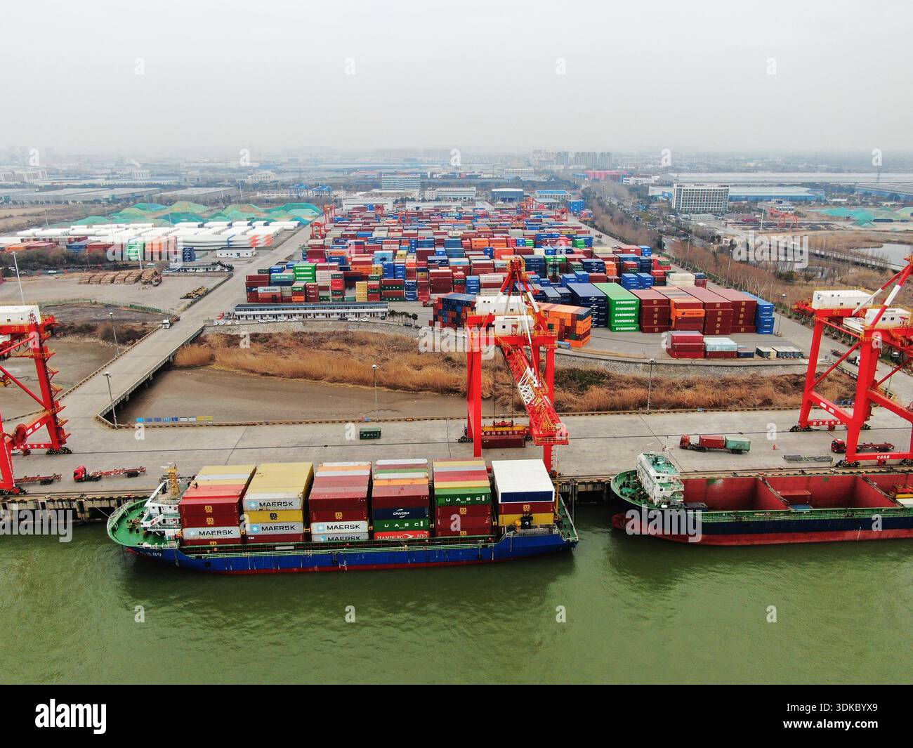 Aerial photo shows a busy container yard at Yangzhou Port in Yangzhou ...