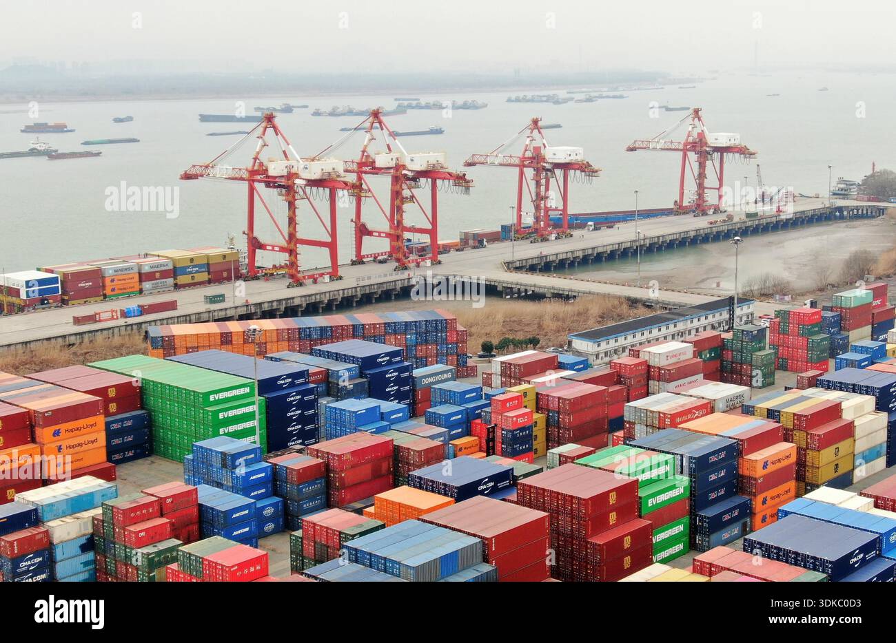 Aerial photo shows a busy container yard at Yangzhou Port in Yangzhou ...
