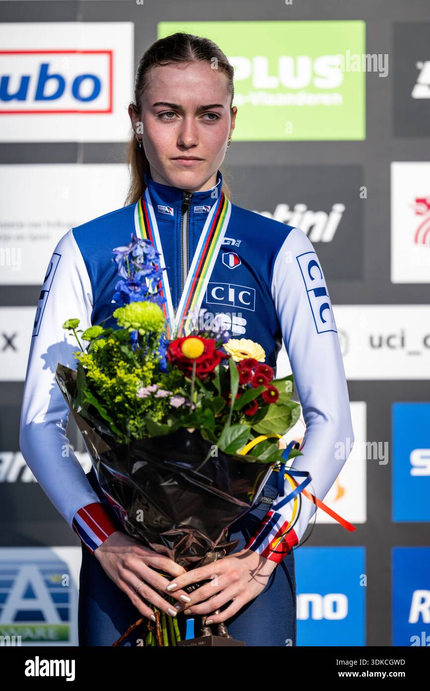 French Lise Revol pictured on the podium after the junior women race at ...