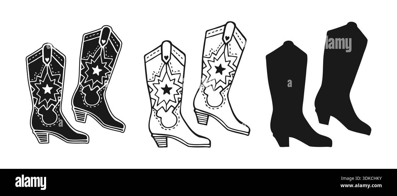 Cowgirl boots hand drawn sketch in doodle linear, silhouette and ...