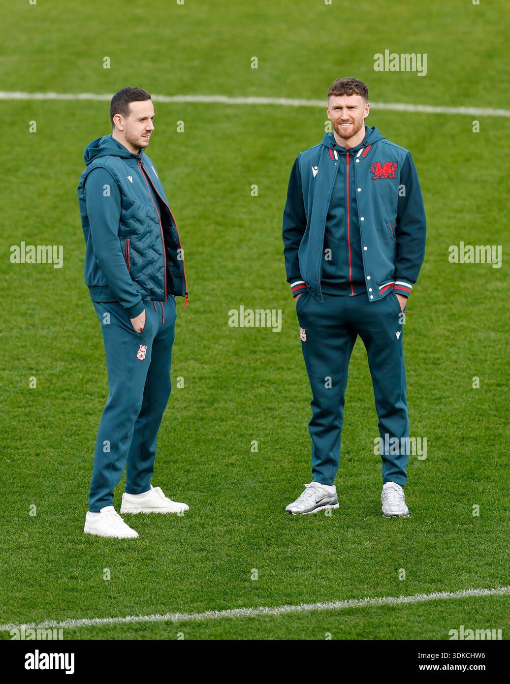 Wrexham goalkeeper Danny Ward (left) and Dan Scarr on the pitch ahead ...