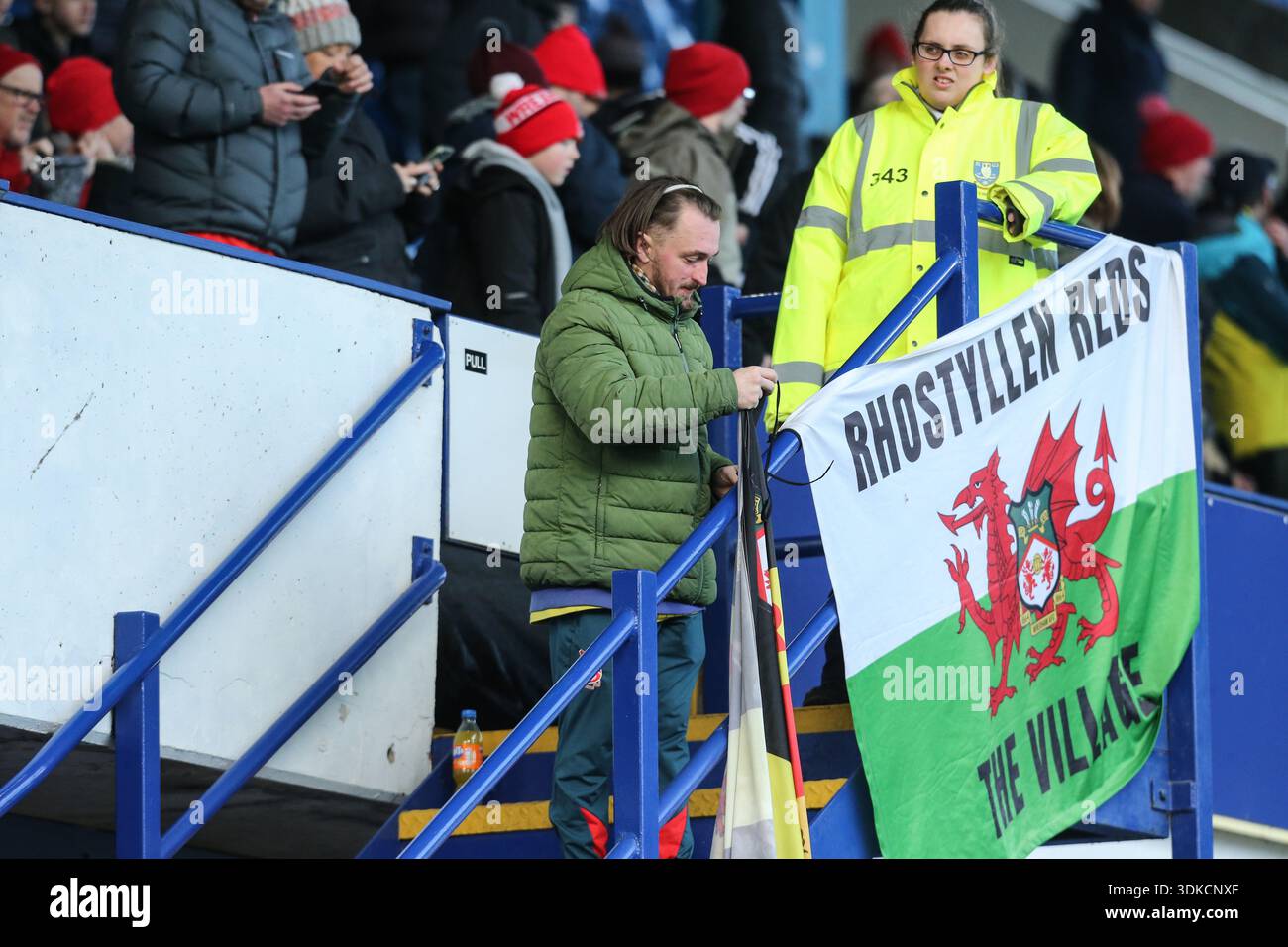 Wrexham fan puts flag up during the Sky Bet Championship match ...