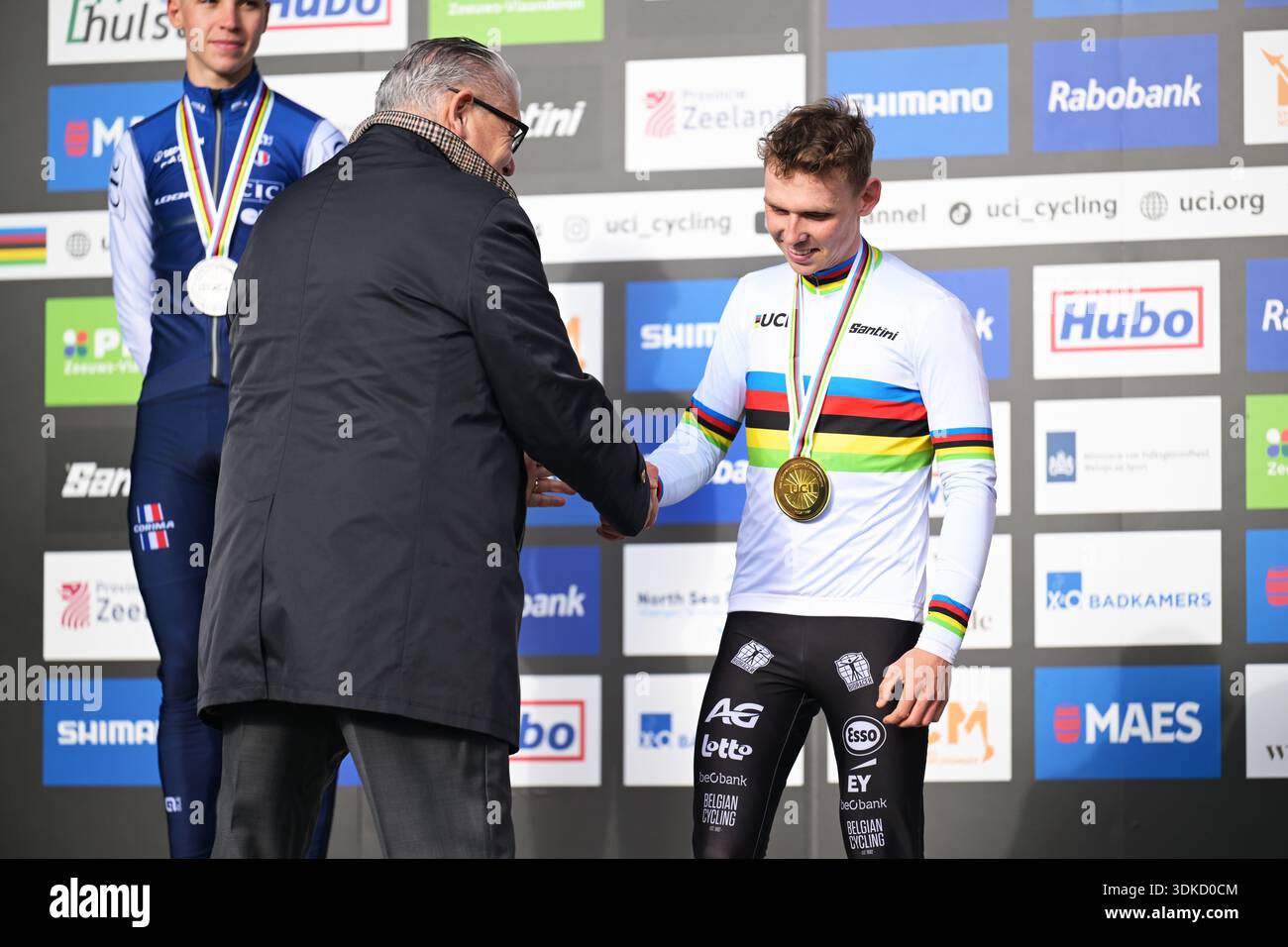 Belgian Aaron Dockx celebrates on the podium after winning the U23 men ...