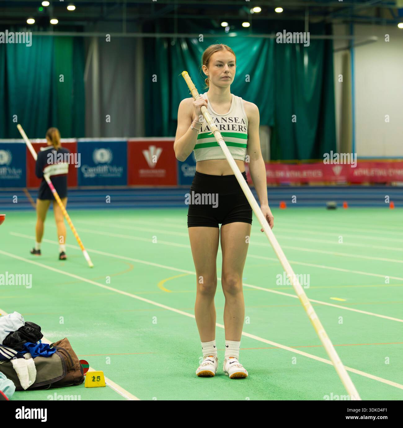 Cardiff, Wales. 26 January 2026. Non Thomas Open. A pole vaulter is ...