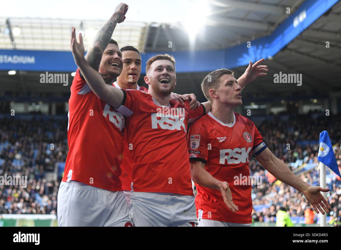 Leicester, England. 31st Jan 2026. Sonny Carey celebrates after scoring ...