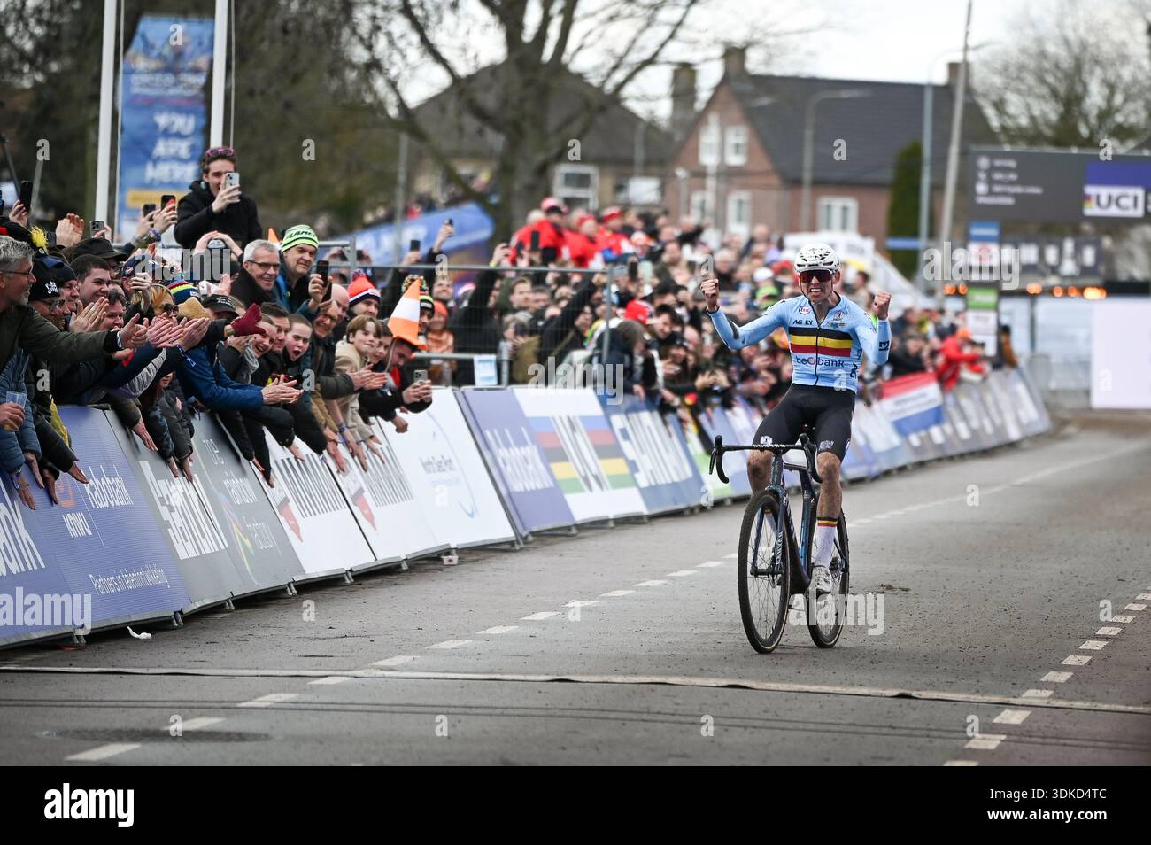 Belgian Aaron Dockx celebrates as he crosses the finish line to win the ...