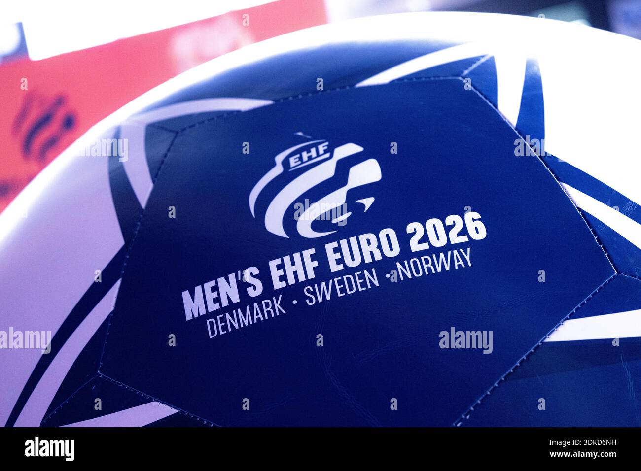 31 January 2026, Denmark, Herning: "Men's EHF Euro 2026" is written on ...
