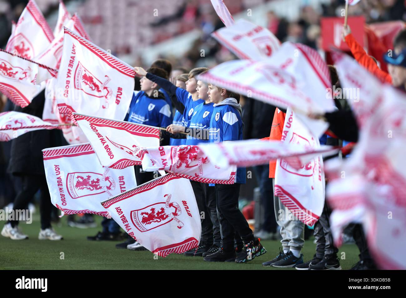 Mascots wave flags before the Sky Bet Championship match at Riverside ...