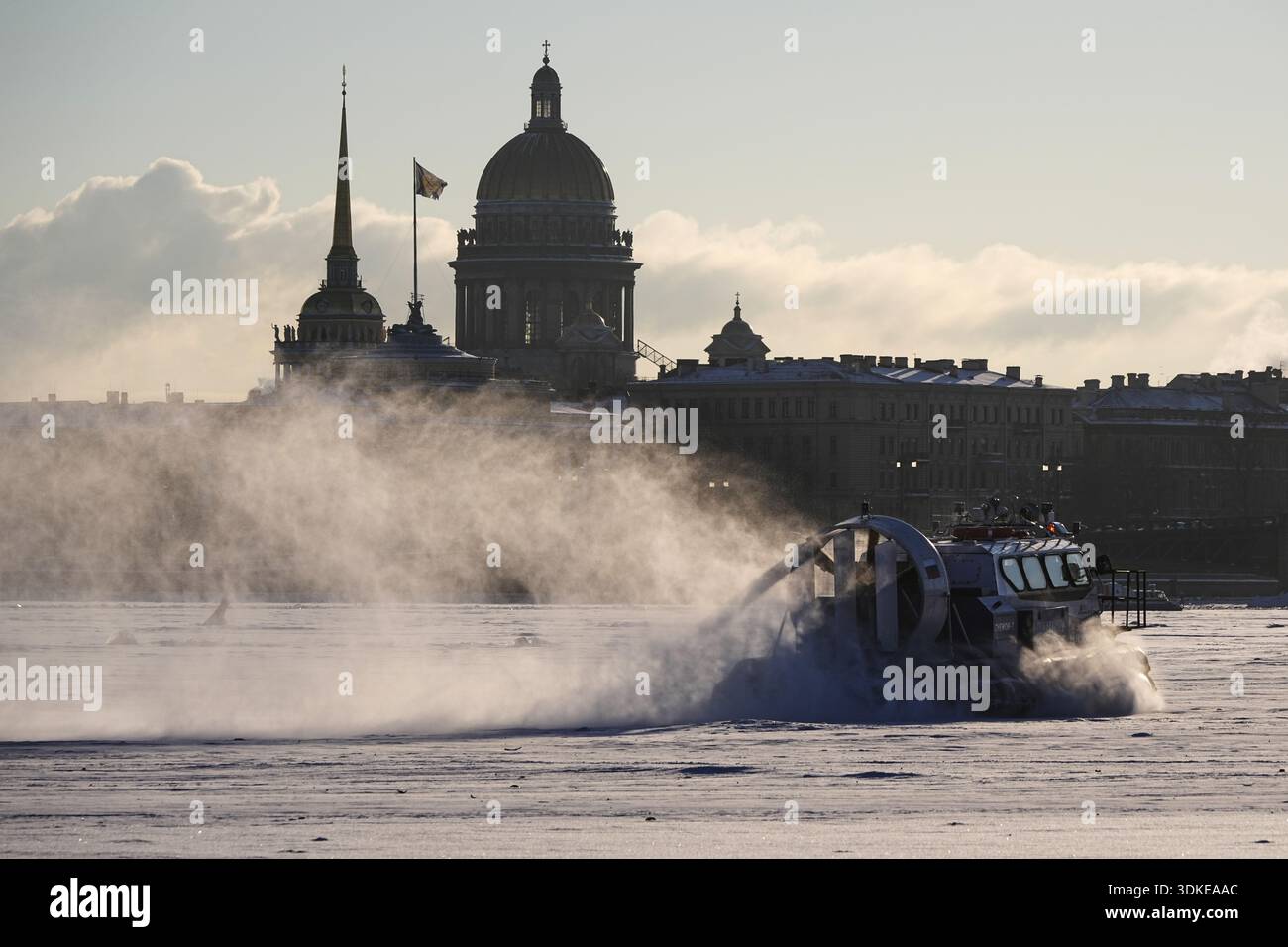 A hovercraft drives along the Neva River in St. Petersburg, Russia ...