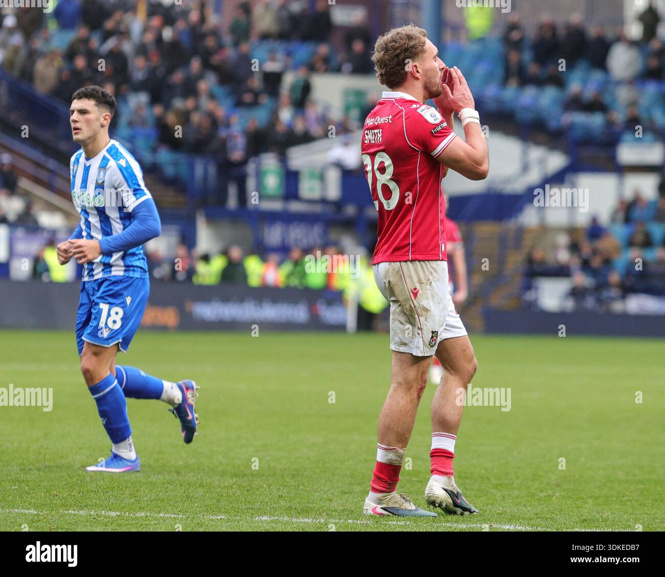 Sam Smith of Wrexham reacts to missed chance during the Sky Bet ...