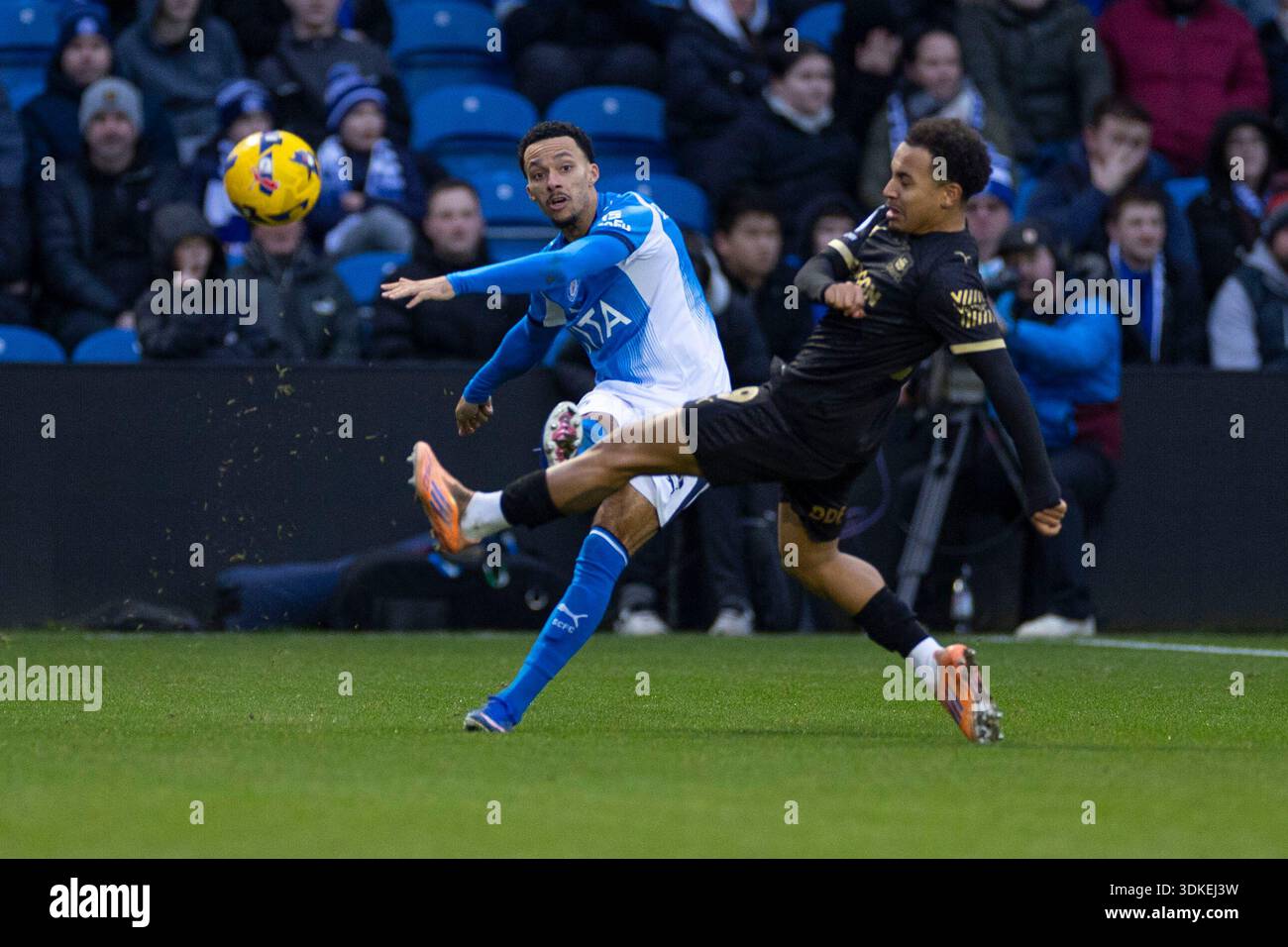 Josh Dacres-Cogley #2 of Stockport County F.C. crosses the ball during ...