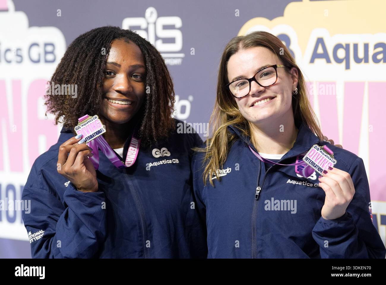 Womens 3m Synchro gold medalists left to right Great Britain's Desharne ...