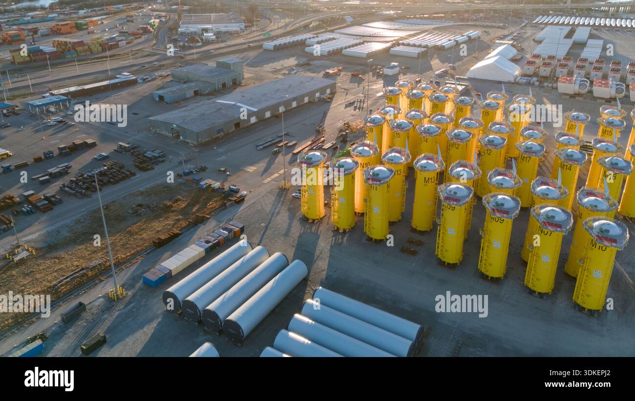 Aerial view of wind turbine components logistics hub and storage yard ...